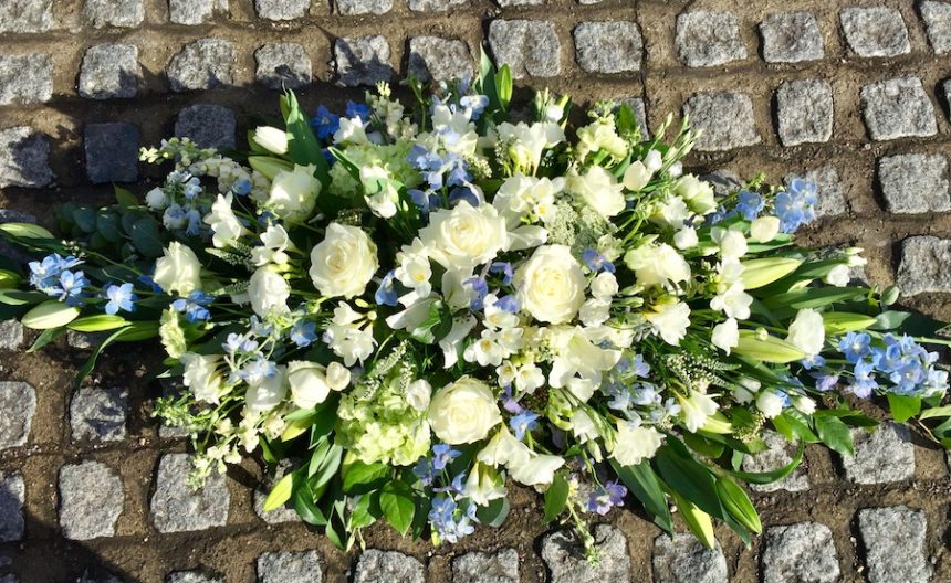 Blue and White Casket Spray - Welwyn Florist